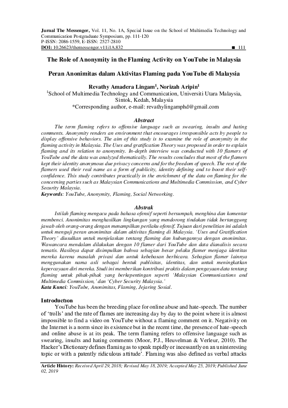 (PDF) The Role of Anonymity in the Flaming Activity on YouTube in Malaysia
