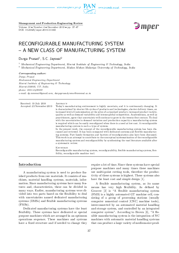 (PDF) Reconfigurable Manufacturing System - a New Class of Manufacturing System