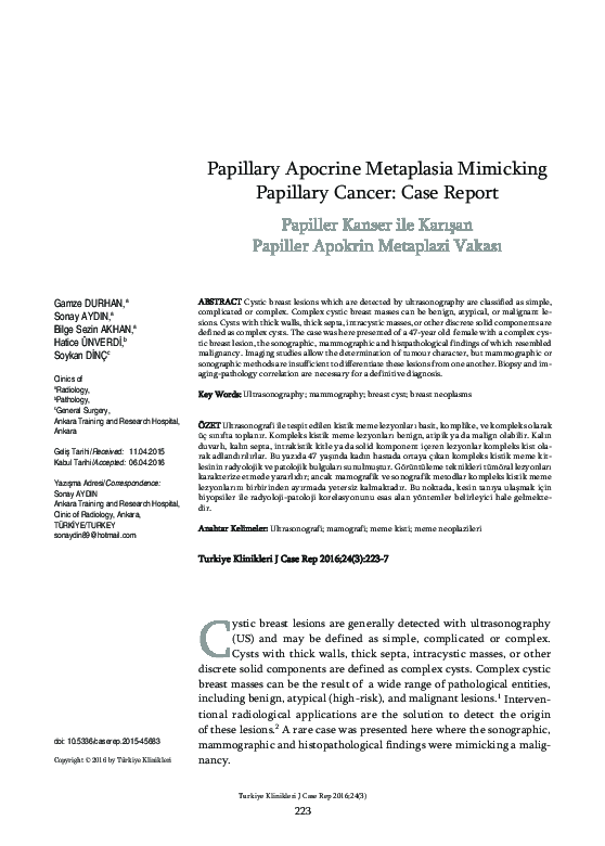 (PDF) Papiller Kanser ile Karişan Papiller Apokrin Metaplazi Vakası