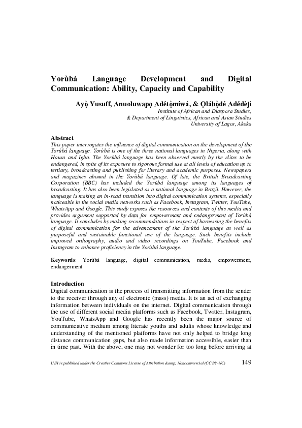 (PDF) YORÙBÁ LANGUAGE DEVELOPMENT AND DIGITAL COMMUNICATION: ABILITY ...