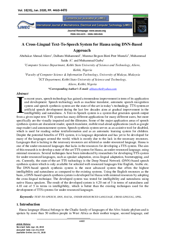 Pdf A Cross Lingual Text To Speech System For Hausa Using Dnn Based Approach Dalhatu