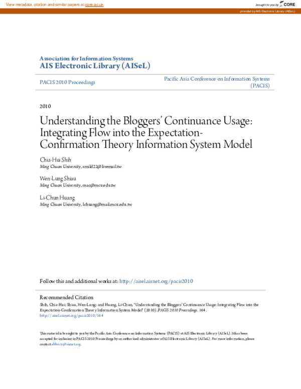 (PDF) Understanding the Bloggers' Continuance Usage: Integrating Flow into the Expectation ...