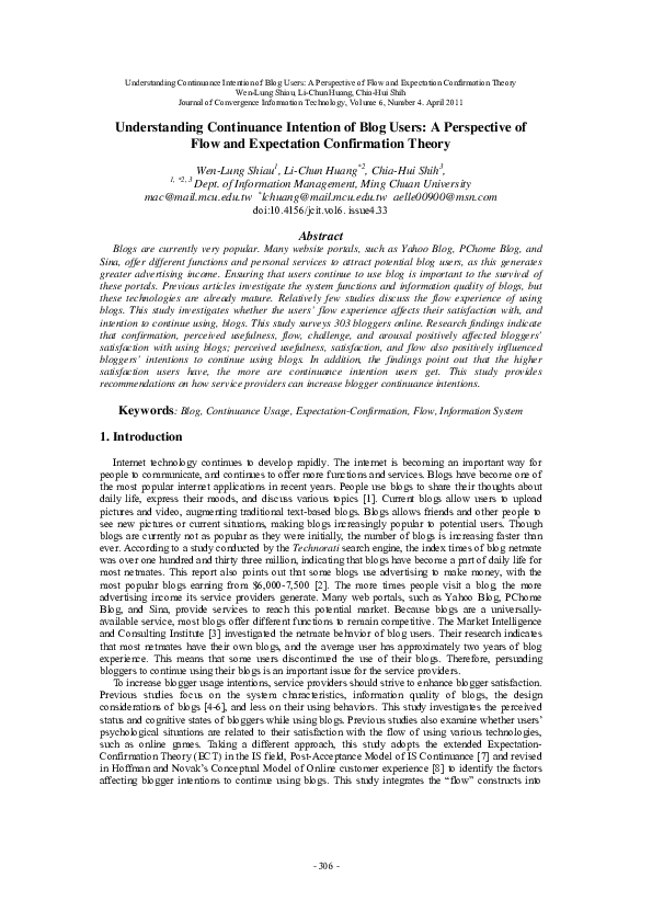 (PDF) Understanding Continuance Intention of Blog Users: A Perspective of Flow and Expectation ...