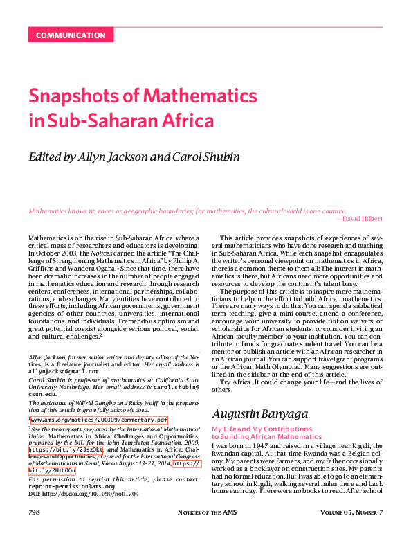 (PDF) Snapshots of Mathematics in Sub-Saharan Africa