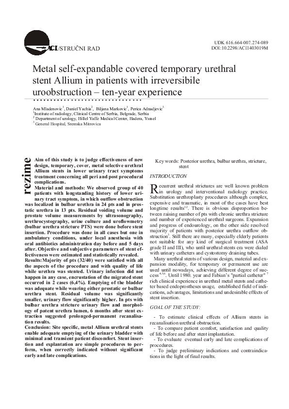 (PDF) Metal self-expandable covered temporary urethral stent Allium in ...