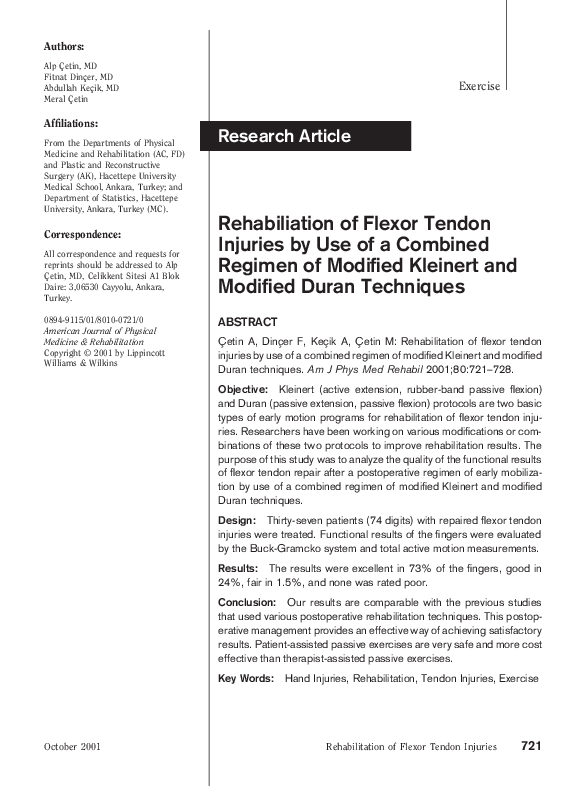 (PDF) Rehabiliation of Flexor Tendon Injuries by Use of a Combined ...