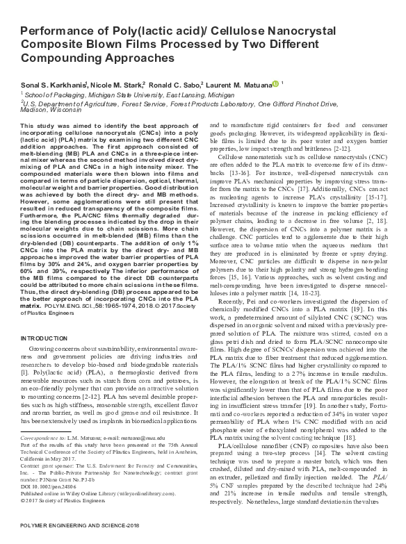 (PDF) Performance of poly(lactic acid)/ cellulose nanocrystal composite ...