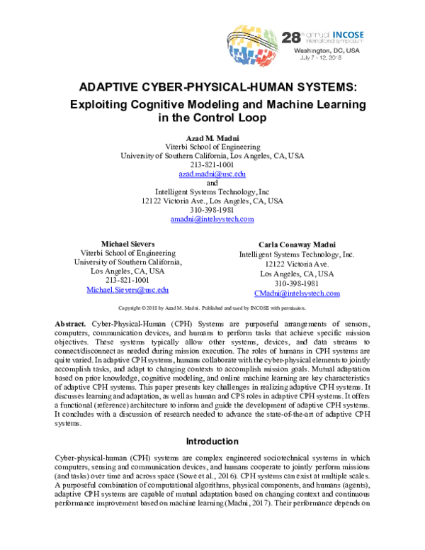 (PDF) Adaptive Cyber-Physical-Human Systems: Exploiting Cognitive ...