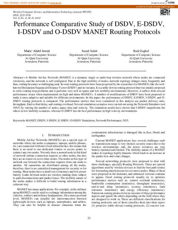 (PDF) Performance Comparative Study of DSDV, E-DSDV, I-DSDV and O-DSDV MANET Routing Protocols