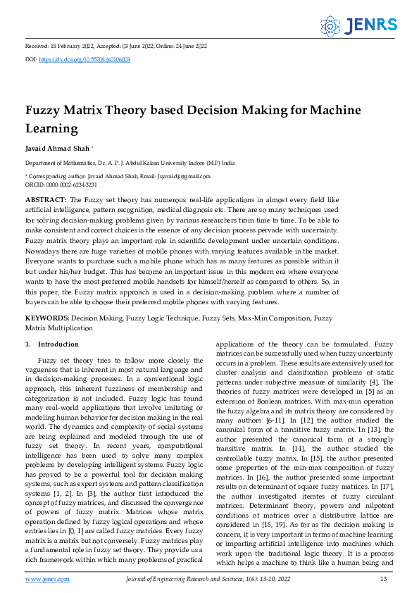 (PDF) Fuzzy Matrix Theory based Decision Making for Machine Learning | Javaid Ahmad Shah ...