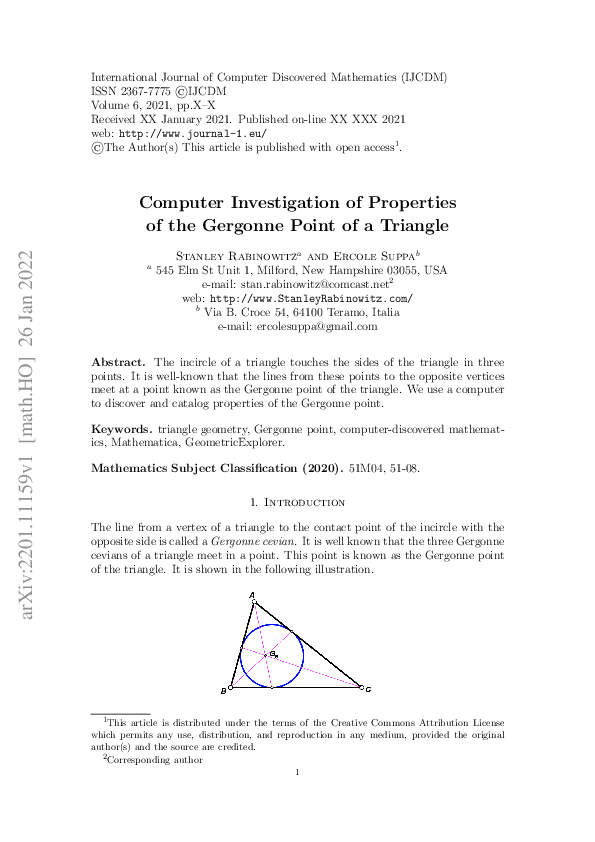 (PDF) Computer Investigation of Properties of the Gergonne Point of a ...