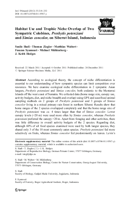 (PDF) Habitat Use and Trophic Niche Overlap of Two Sympatric Colobines ...