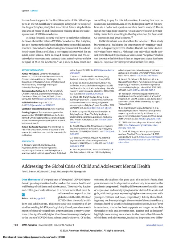 (PDF) Addressing the Global Crisis of Child and Adolescent Mental Health
