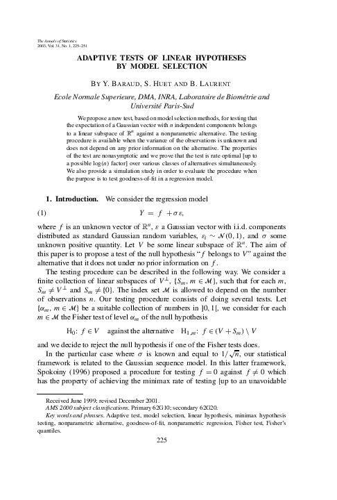 Pdf Adaptive Tests Of Linear Hypotheses By Model Selection Sylvie