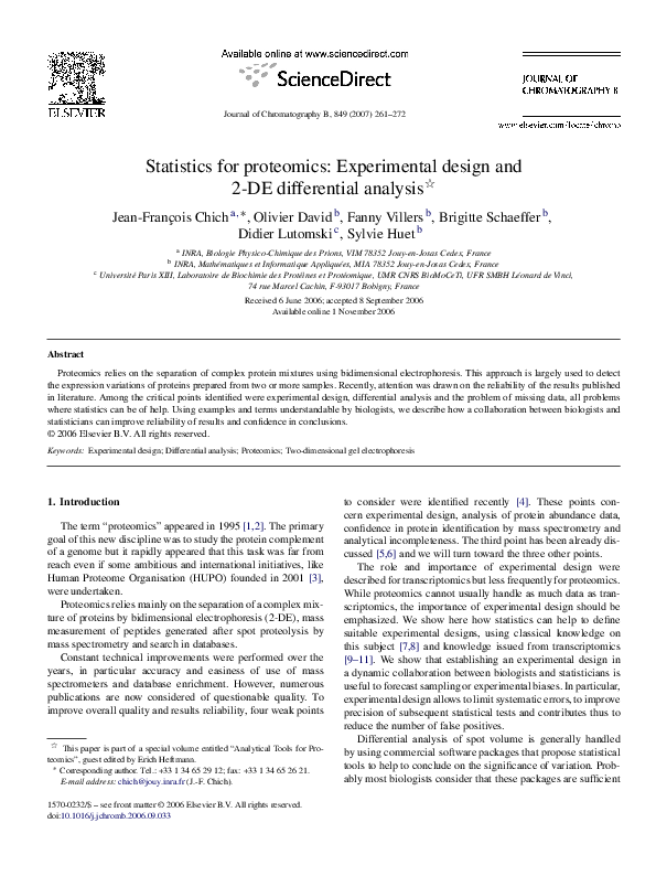 (PDF) Statistics for proteomics: Experimental design and 2-DE ...