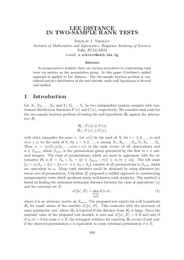 (PDF) Lee Distance in Two-Sample Rank Tests