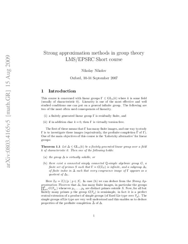 Pdf Strong Approximation Methods In Group Theory An Lmsepsrc Short Course Lecture Notes