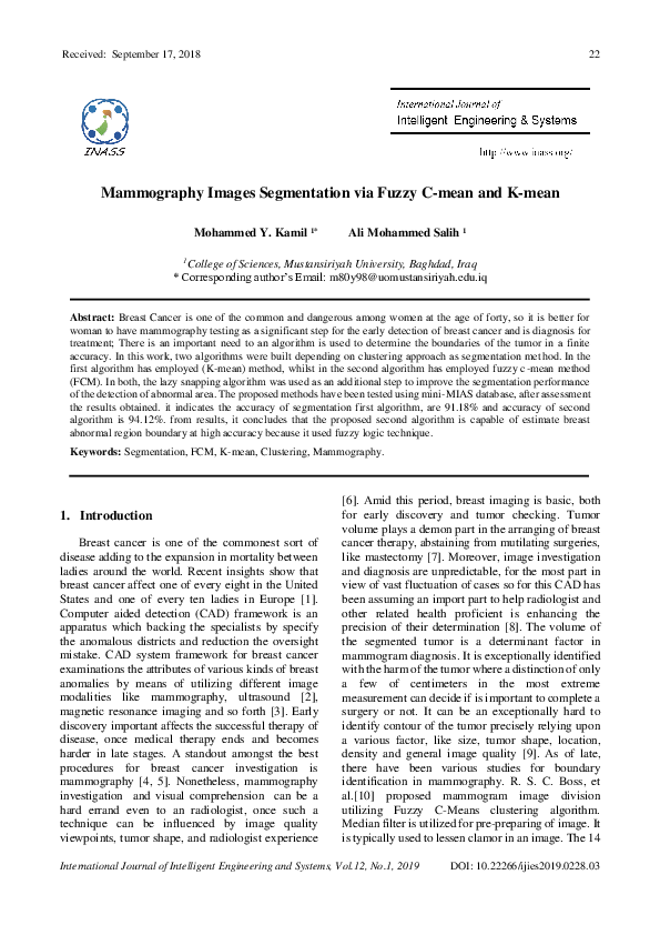 (PDF) Mammography Images Segmentation via Fuzzy C-mean and K-mean | Mohammed Y . Kamil ...
