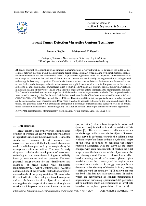 (PDF) Breast Tumor Detection Via Active Contour Technique | Mohammed Y ...
