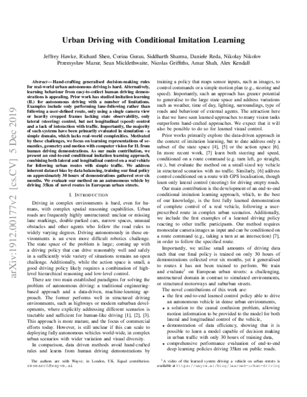 (PDF) Urban Driving with Conditional Imitation Learning