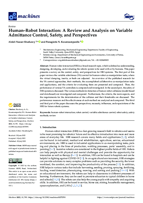 Pdf Human Robot Interaction A Review And Analysis On Variable Admittance Control Safety And