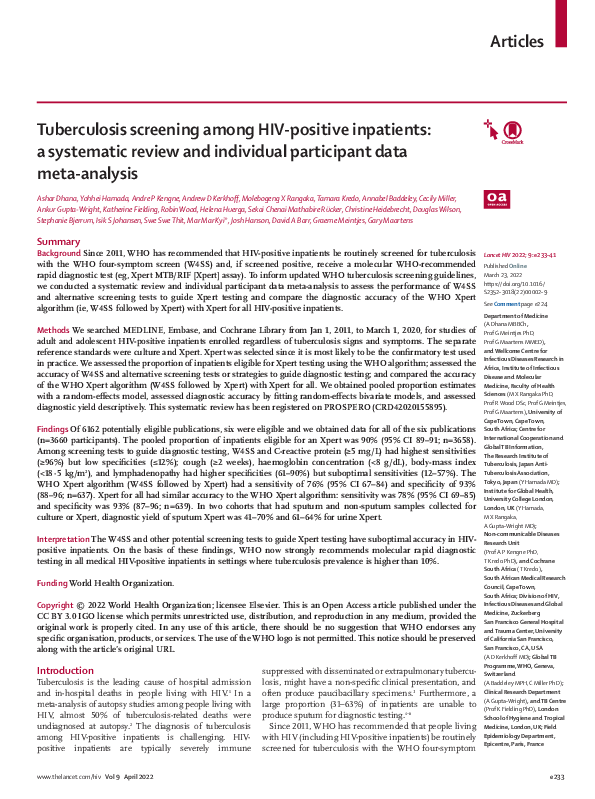(PDF) Tuberculosis screening among HIV-positive inpatients: a systematic review and individual ...