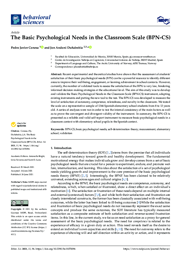 Pdf The Basic Psychological Needs In The Classroom Scale Bpn Cs