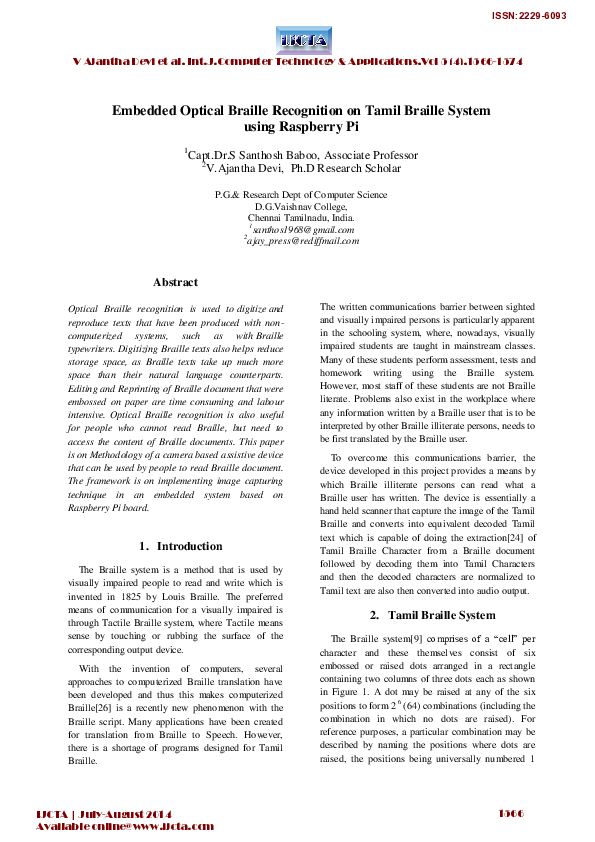 (PDF) Embedded Optical Braille Recognition on Tamil Braille System using Raspberry Pi
