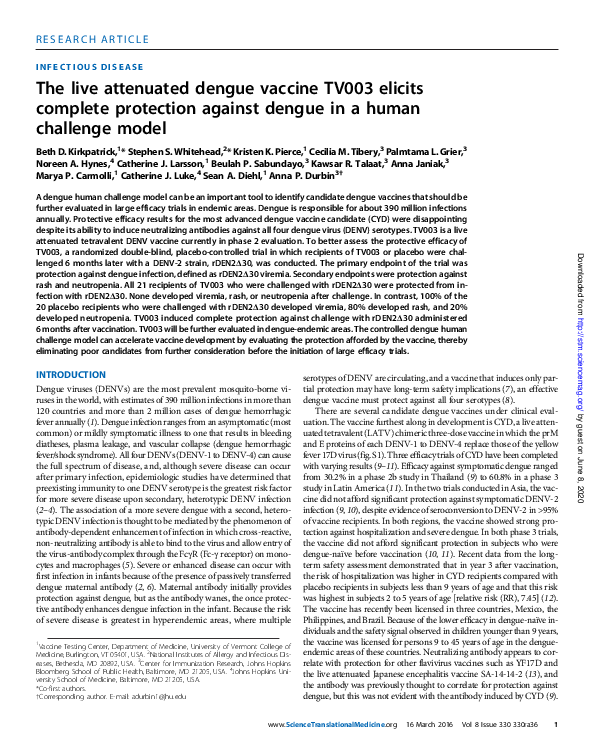 (PDF) The live attenuated dengue vaccine TV003 elicits complete ...