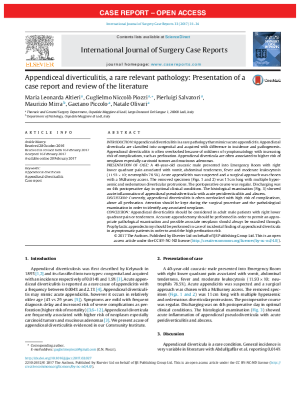 (PDF) Appendiceal diverticulitis, a rare relevant pathology ...