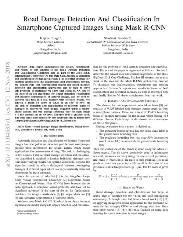 (PDF) Road Damage Detection And Classification In Smartphone Captured Images Using Mask R-CNN