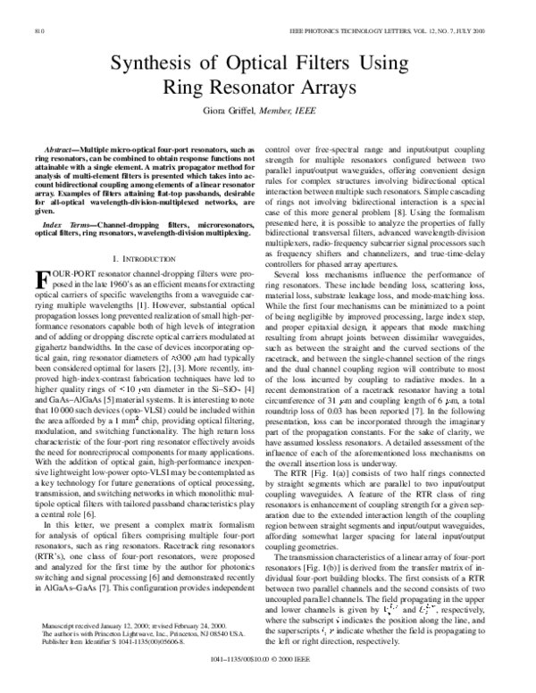 Pdf Synthesis Of Optical Filters Using Ring Resonator Arrays