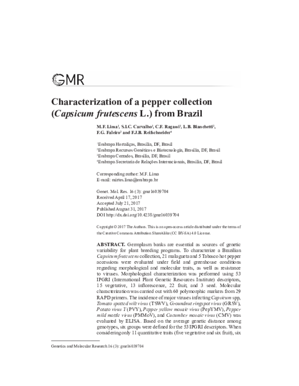 (PDF) Characterization of a pepper collection (Capsicum frutescens L ...