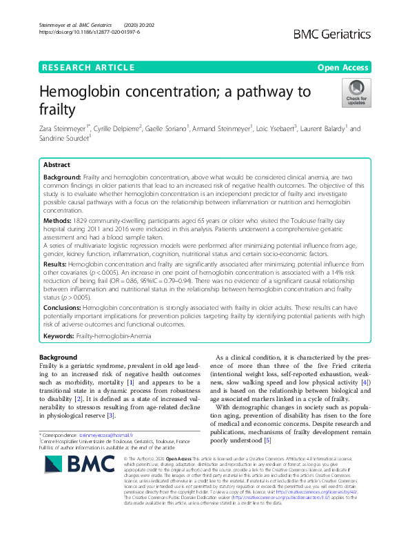 (PDF) Hemoglobin concentration; a pathway to frailty | Gaëlle Soriano - Academia.edu