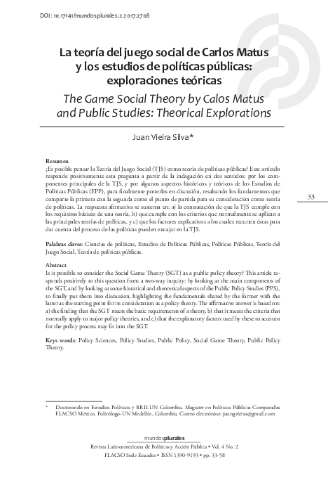 (PDF) La Teoría del Juego Social de Carlos Matus y los Estudios de ...
