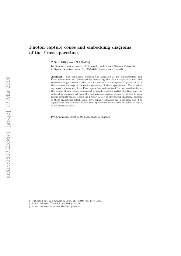 (PDF) Photon capture cones and embedding diagrams of the Ernst spacetime