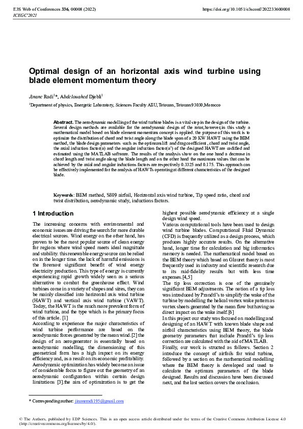 (PDF) Optimal design of an horizontal axis wind turbine using blade element momentum theory