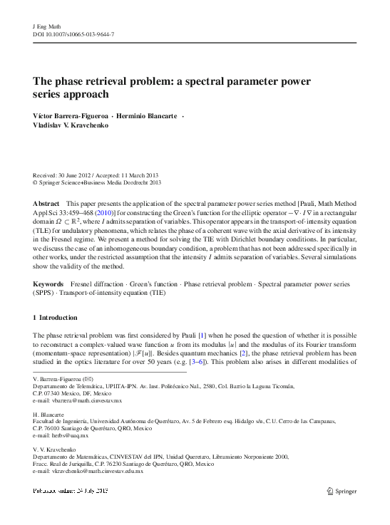 (PDF) The phase retrieval problem: a spectral parameter power series approach