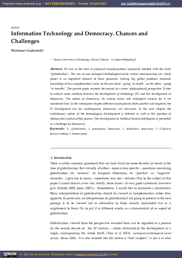 (PDF) Information Technology and Democracy. Chances and Challenges