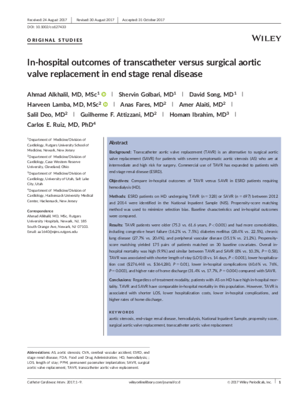 (PDF) In-hospital outcomes of transcatheter versus surgical aortic valve replacement in end ...