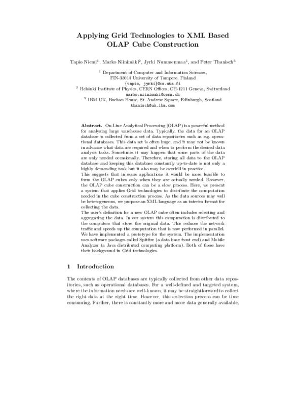 (PDF) Applying grid technologies to XML based OLAP cube construction | Jyrki Nummenmaa ...