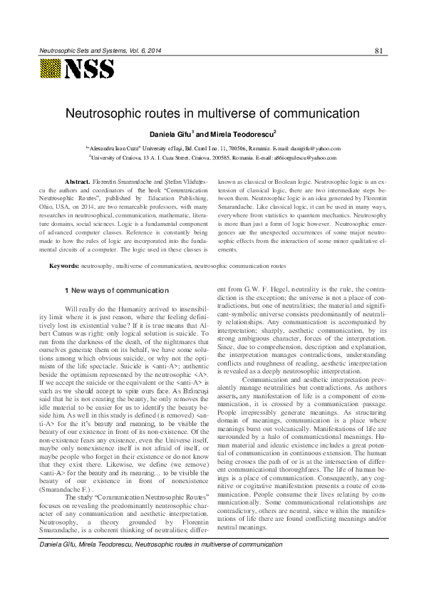 (PDF) Daniela Gîfu, Mirela Teodorescu, Neutrosophic routes in ...
