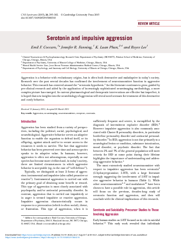(PDF) Serotonin and impulsive aggression