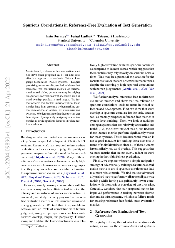 (PDF) Spurious Correlations in Reference-Free Evaluation of Text Generation