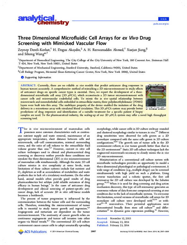 (PDF) Three Dimensional Microfluidic Cell Arrays for ex Vivo Drug Screening with Mimicked ...