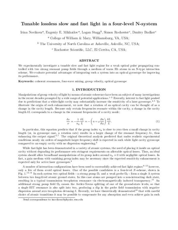 (PDF) Tunable lossless slow and fast light in a four-level N-system | D ...