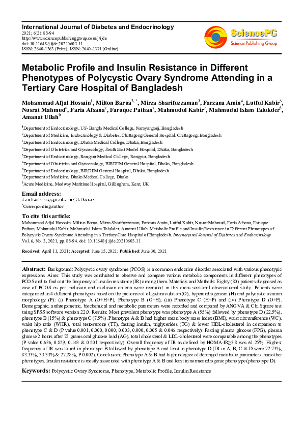 Pdf Metabolic Profile And Insulin Resistance In Different Phenotypes Of Polycystic Ovary