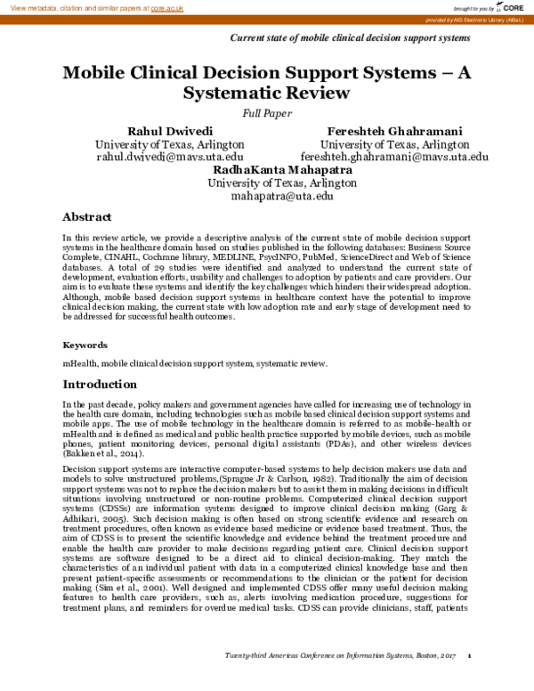 (PDF) Mobile Clinical Decision Support Systems - A Systematic Review