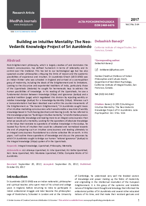 (PDF) Building an Intuitive Mentality: The NeoVedantic Knowledge ...