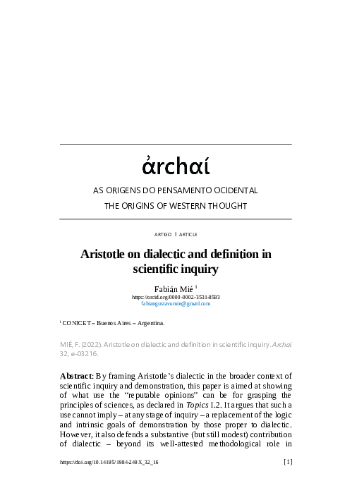 (PDF) Aristotle on dialectic and definition in scientific inquiry